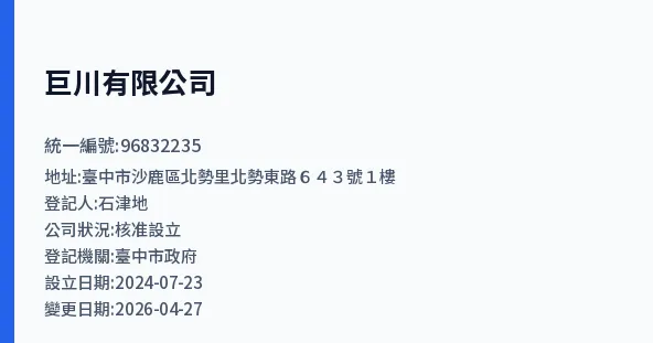 巨川有限公司的照片-統編 96832235(臺中市) 公司登記資料與營業項目詳細圖表