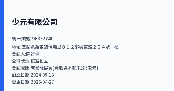 少元有限公司的照片-統編 96832740(宜蘭縣) 公司登記資料與營業項目詳細圖表