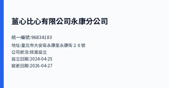 薑心比心有限公司永康分公司的照片-統編 96834183(臺北市) 公司登記資料與營業項目詳細圖表