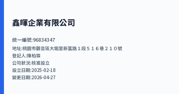 鑫暉企業有限公司的照片-統編 96834347(桃園市) 公司登記資料與營業項目詳細圖表