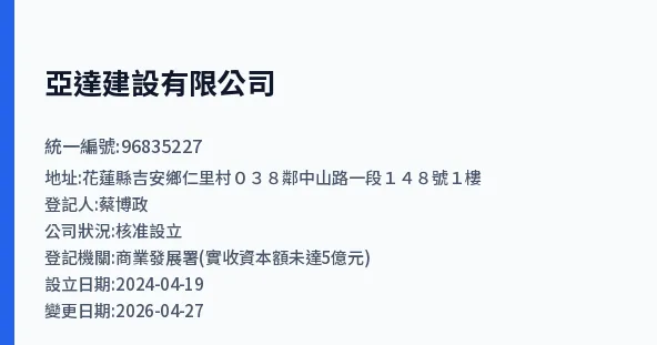 亞達建設有限公司的照片-統編 96835227(花蓮縣) 公司登記資料與營業項目詳細圖表