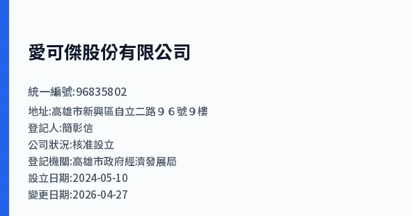 愛可傑股份有限公司的照片-統編 96835802(高雄市) 公司登記資料與營業項目詳細圖表