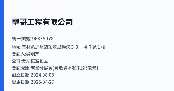 壨哥工程有限公司的照片-統編 96836078(雲林縣) 公司登記資料與營業項目詳細圖表