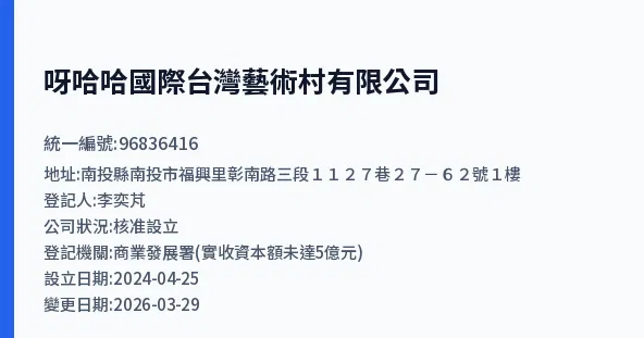 呀哈哈國際台灣藝術村有限公司的照片-統編 96836416(南投縣) 公司登記資料與營業項目詳細圖表
