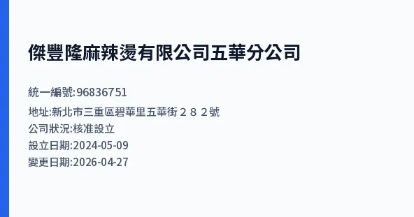 傑豐隆麻辣燙有限公司五華分公司的照片-統編 96836751(新北市) 公司登記資料與營業項目詳細圖表