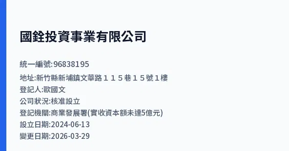 國銓投資事業有限公司的照片-統編 96838195(新竹縣) 公司登記資料與營業項目詳細圖表