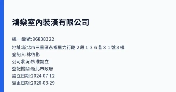 鴻燊室內裝潢有限公司的照片-統編 96838322(新北市) 公司登記資料與營業項目詳細圖表
