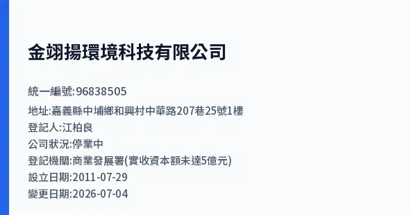 金翊揚環境科技有限公司的照片-統編 96838505(嘉義縣) 公司登記資料與營業項目詳細圖表