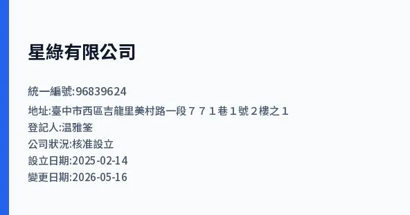 星綠有限公司的照片-統編 96839624(臺中市) 公司登記資料與營業項目詳細圖表
