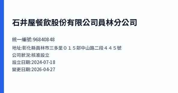 石井屋餐飲股份有限公司員林分公司的照片-統編 96840848(彰化縣) 公司登記資料與營業項目詳細圖表