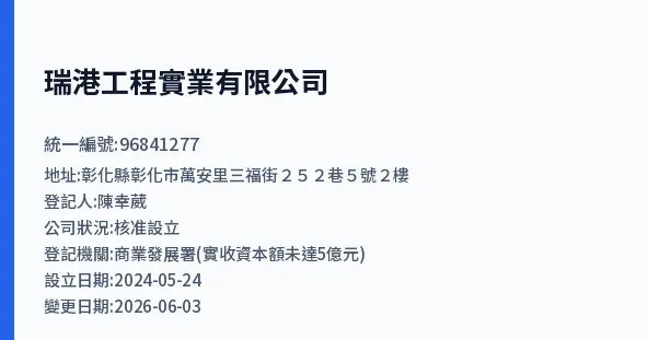 瑞港工程實業有限公司的照片-統編 96841277(彰化縣) 公司登記資料與營業項目詳細圖表