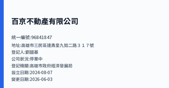百京不動產有限公司的照片-統編 96841847(高雄市) 公司登記資料與營業項目詳細圖表
