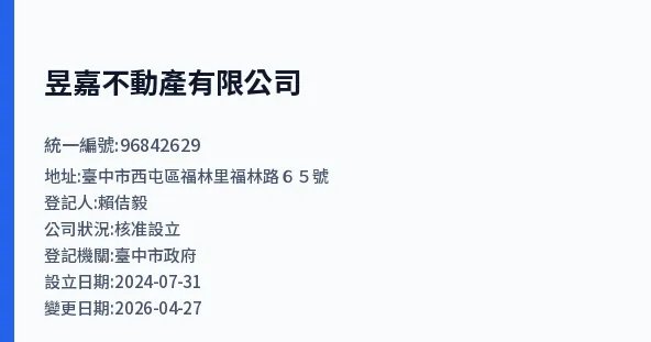 昱嘉不動產有限公司的照片-統編 96842629(臺中市) 公司登記資料與營業項目詳細圖表