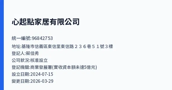 心起點家居有限公司的照片-統編 96842753(基隆市) 公司登記資料與營業項目詳細圖表