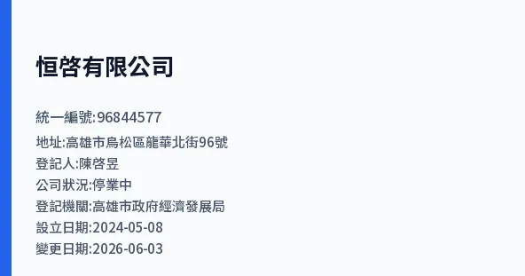 恒啓有限公司的照片-統編 96844577(高雄市) 公司登記資料與營業項目詳細圖表