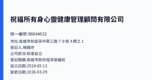 祝福所有身心靈健康管理顧問有限公司的照片-統編 96844632(高雄市) 公司登記資料與營業項目詳細圖表