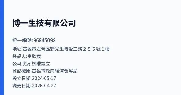 博一生技有限公司的照片-統編 96845098(高雄市) 公司登記資料與營業項目詳細圖表