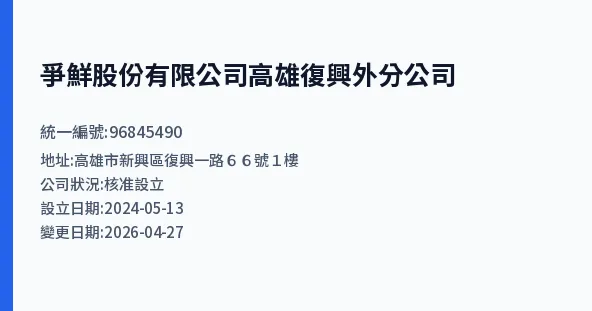 爭鮮股份有限公司高雄復興外分公司的照片-統編 96845490(高雄市) 公司登記資料與營業項目詳細圖表