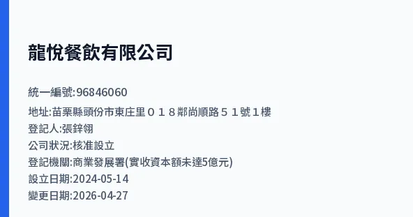 龍悅餐飲有限公司的照片-統編 96846060(苗栗縣) 公司登記資料與營業項目詳細圖表
