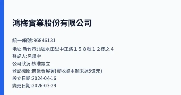 鴻梅實業股份有限公司的照片-統編 96846131(新竹市) 公司登記資料與營業項目詳細圖表