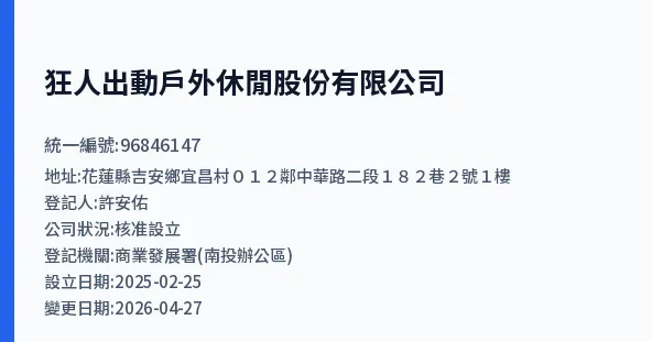 狂人出動戶外休閒股份有限公司的照片-統編 96846147(花蓮縣) 公司登記資料與營業項目詳細圖表