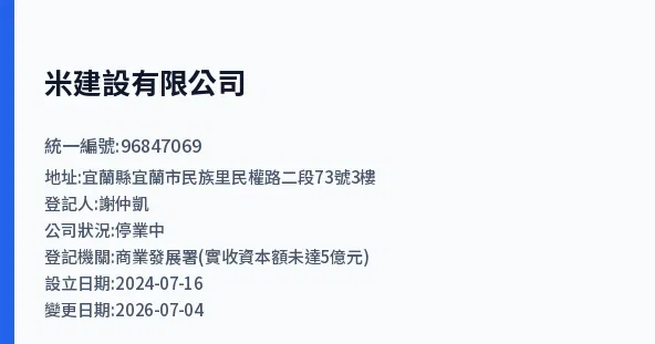 米建設有限公司的照片-統編 96847069(宜蘭縣) 公司登記資料與營業項目詳細圖表