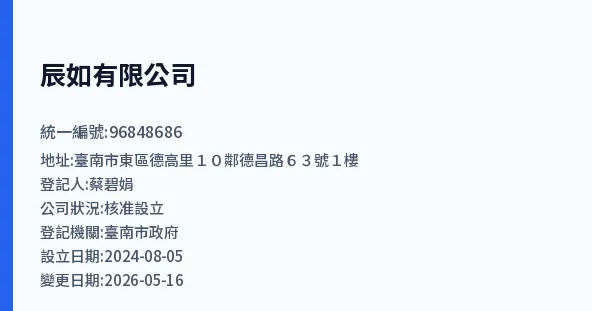 辰如有限公司的照片-統編 96848686(臺南市) 公司登記資料與營業項目詳細圖表
