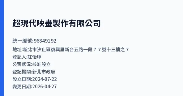 超現代映畫製作有限公司的照片-統編 96849192(新北市) 公司登記資料與營業項目詳細圖表