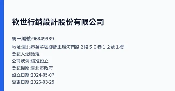 欲世行銷設計股份有限公司的照片-統編 96849989(臺北市) 公司登記資料與營業項目詳細圖表