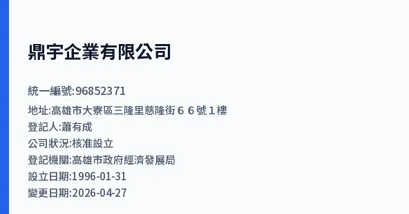 鼎宇企業有限公司的照片-統編 96852371(高雄市) 公司登記資料與營業項目詳細圖表