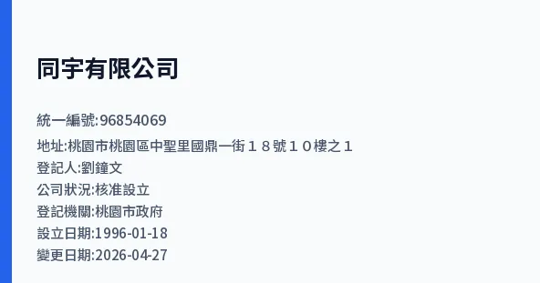 同宇有限公司的照片-統編 96854069(桃園市) 公司登記資料與營業項目詳細圖表