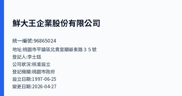 鮮大王企業股份有限公司的照片-統編 96865024(桃園市) 公司登記資料與營業項目詳細圖表