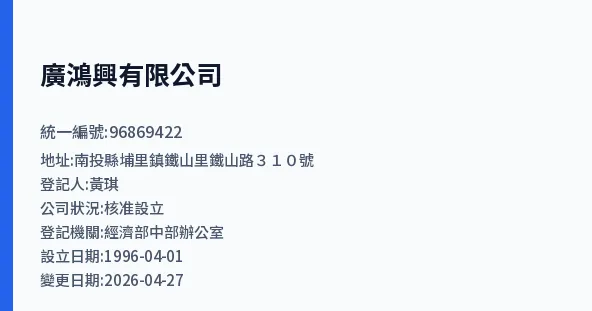 廣鴻興有限公司的照片-統編 96869422(南投縣) 公司登記資料與營業項目詳細圖表