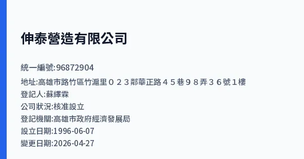 伸泰營造有限公司的照片-統編 96872904(高雄市) 公司登記資料與營業項目詳細圖表