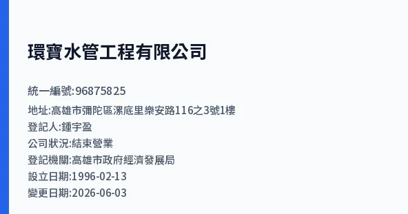 環寶水管工程有限公司的照片-統編 96875825(高雄市) 公司登記資料與營業項目詳細圖表