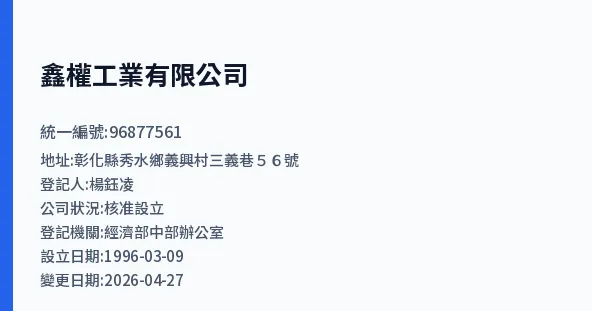 鑫權工業有限公司的照片-統編 96877561(彰化縣) 公司登記資料與營業項目詳細圖表