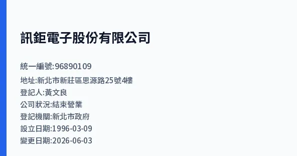 訊鉅電子股份有限公司的照片-統編 96890109(新北市) 公司登記資料與營業項目詳細圖表