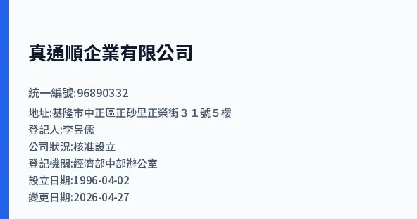 真通順企業有限公司的照片-統編 96890332(基隆市) 公司登記資料與營業項目詳細圖表