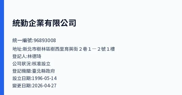 統勤企業有限公司的照片-統編 96893008(新北市) 公司登記資料與營業項目詳細圖表