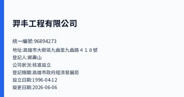羿丰工程有限公司的照片-統編 96894273(高雄市) 公司登記資料與營業項目詳細圖表