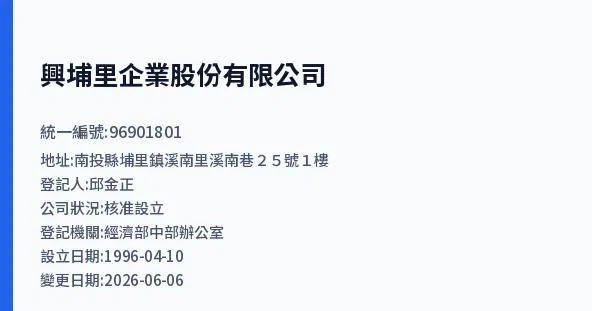 興埔里企業股份有限公司的照片-統編 96901801(南投縣) 公司登記資料與營業項目詳細圖表