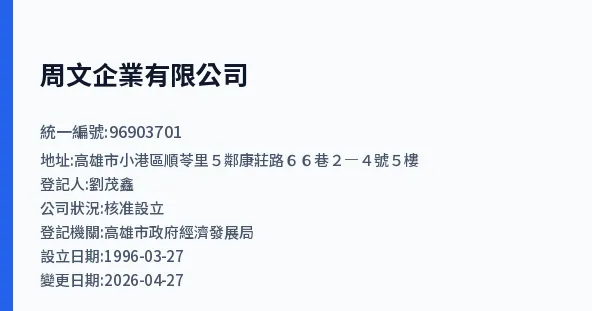 周文企業有限公司的照片-統編 96903701(高雄市) 公司登記資料與營業項目詳細圖表