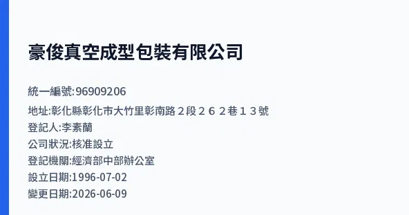 豪俊真空成型包裝有限公司的照片-統編 96909206(彰化縣) 公司登記資料與營業項目詳細圖表