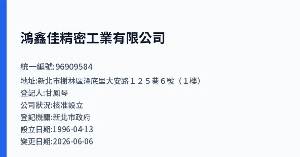 鴻鑫佳精密工業有限公司的照片-統編 96909584(新北市) 公司登記資料與營業項目詳細圖表
