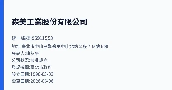 森美工業股份有限公司的照片-統編 96911553(臺北市) 公司登記資料與營業項目詳細圖表