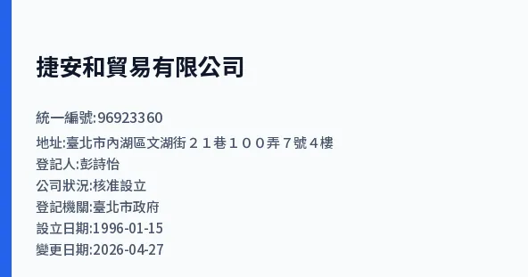 捷安和貿易有限公司的照片-統編 96923360(臺北市) 公司登記資料與營業項目詳細圖表