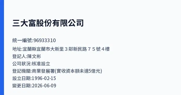 三大富股份有限公司的照片-統編 96933310(宜蘭縣) 公司登記資料與營業項目詳細圖表