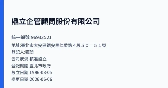 鼎立企管顧問股份有限公司的照片-統編 96933521(臺北市) 公司登記資料與營業項目詳細圖表