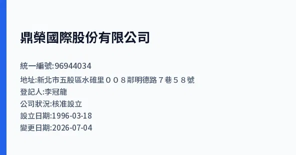 鼎榮國際股份有限公司的照片-統編 96944034 公司登記資料與營業項目詳細圖表