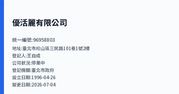 優活麗有限公司的照片-統編 96958803(臺北市) 公司登記資料與營業項目詳細圖表